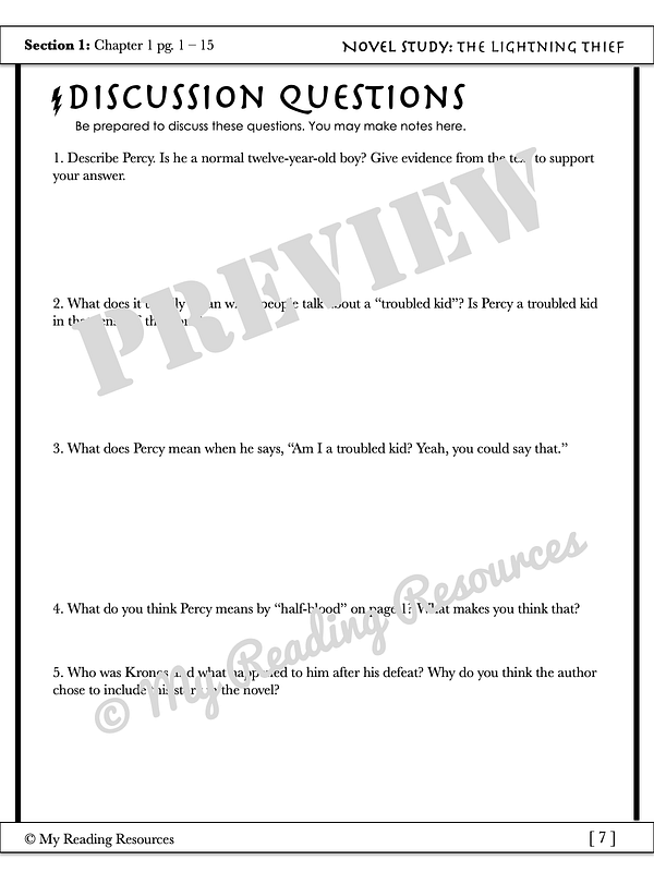Percy Jackson and the Olympians: The Lightning Thief Novel Study - My ...