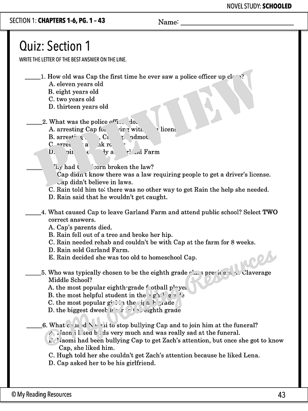 Schooled Section Quizzes And Crossword Puzzles My Reading Resources