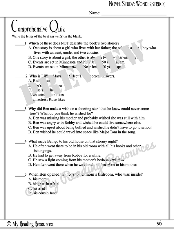 Wonderstruck Comprehensive Quiz - My Reading Resources