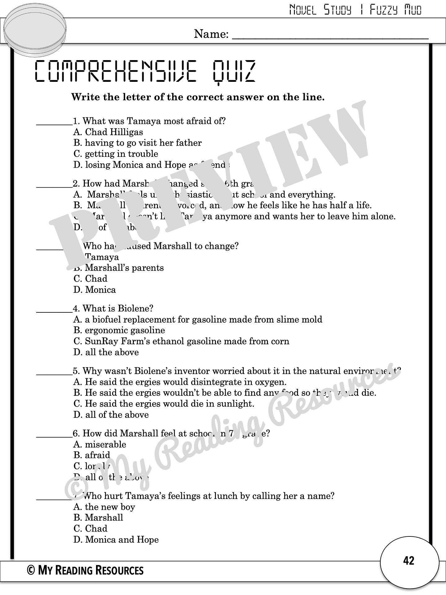 Fuzzy Mud Novel Study - My Reading Resources