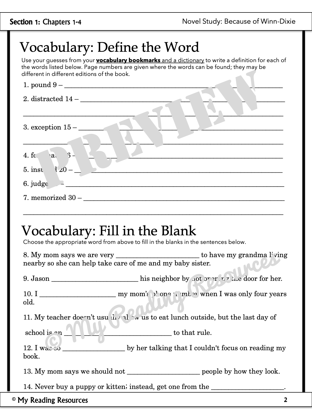 Because of Winn-Dixie Novel Study - My Reading Resources