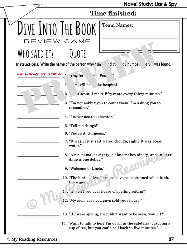 Liar & Spy Novel Study - My Reading Resources