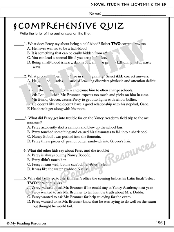 Percy Jackson and the Olympians: The Lightning Thief Novel Study - My ...