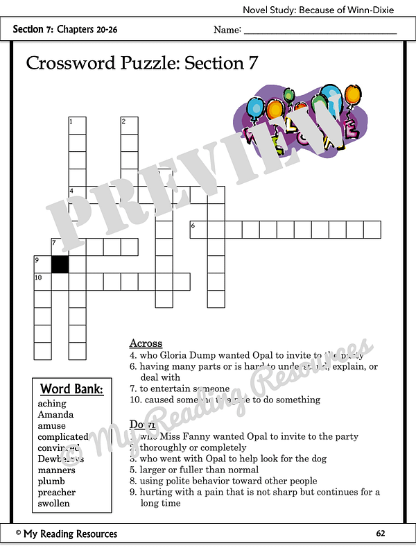 Because of Winn-Dixie Section Quizzes & Crossword Puzzles - My Reading ...