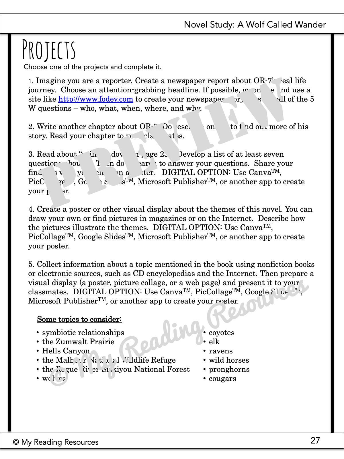 A Wolf Called Wander Novel Study - My Reading Resources