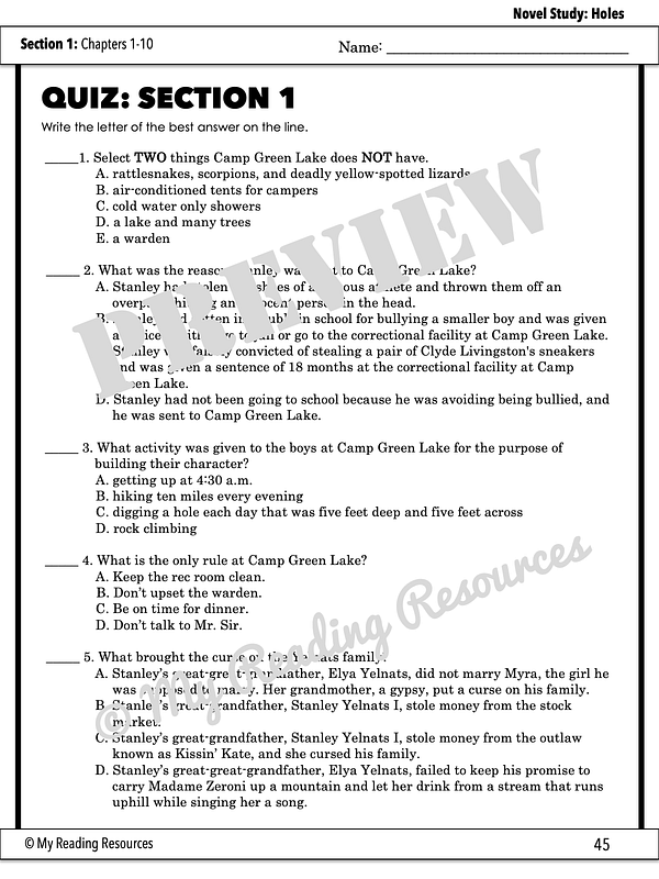Holes Section Quizzes & Crossword Puzzles - My Reading Resources