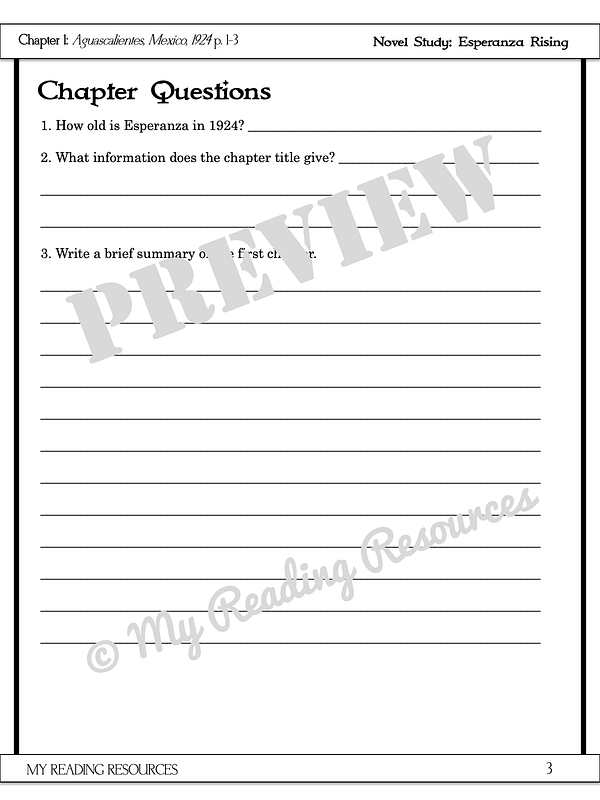 Esperanza Rising Novel Study - My Reading Resources