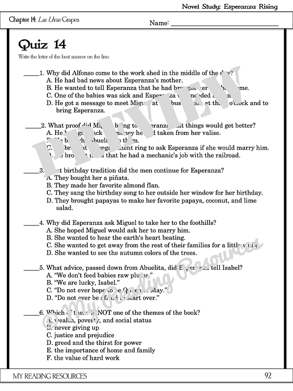 Esperanza Rising Section Quizzes - My Reading Resources