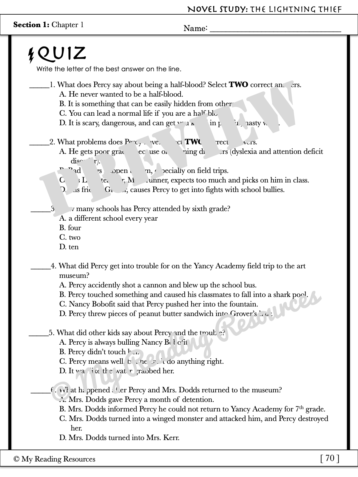 Percy Jackson and the Olympians: The Lightning Thief Novel Study - My ...