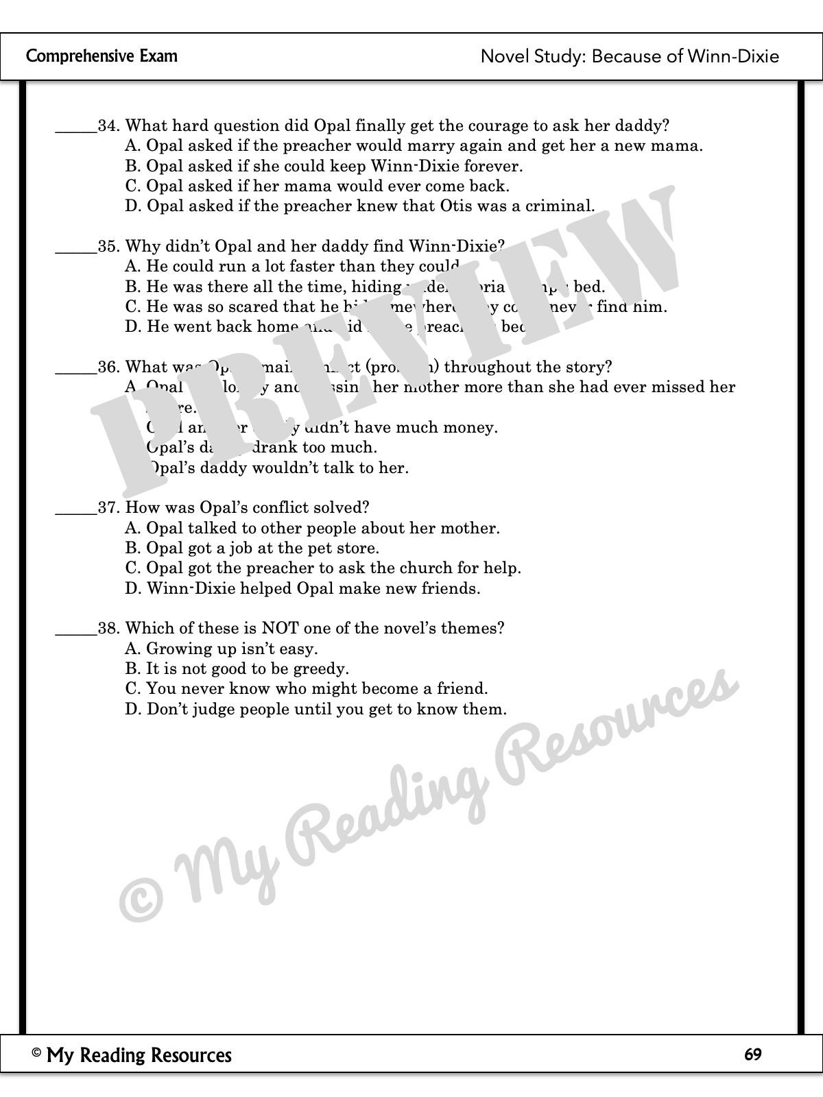 Because of Winn-Dixie Novel Study - My Reading Resources