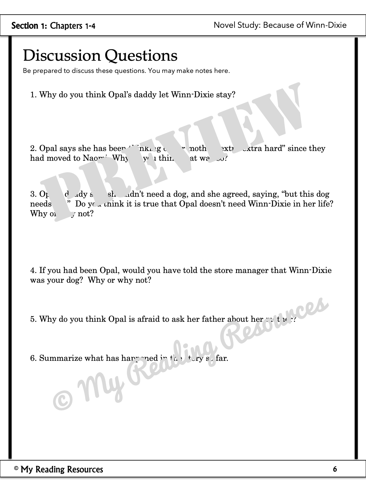 Because of Winn-Dixie Novel Study - My Reading Resources