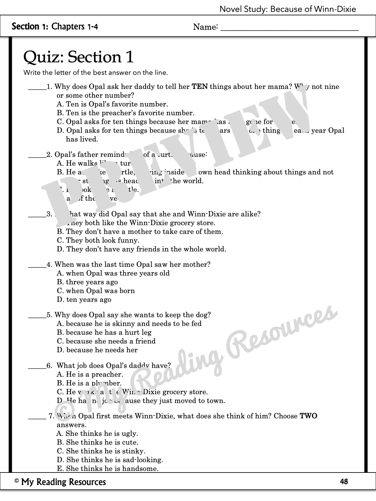 Because of Winn-Dixie Novel Study - My Reading Resources