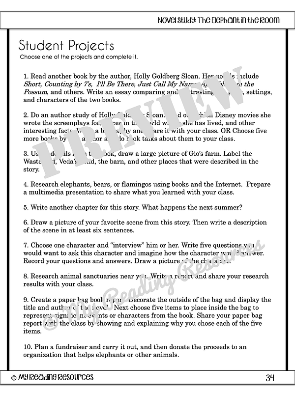 The Elephant in the Room Novel Study - My Reading Resources