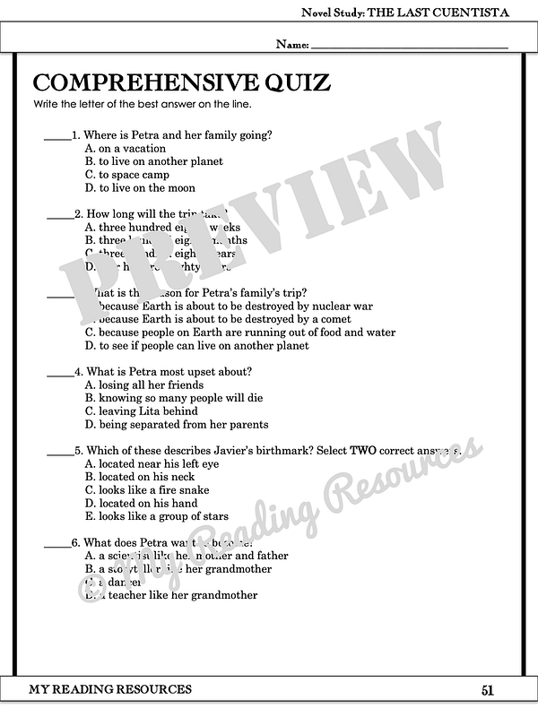 The Last Cuentista Comprehensive Quiz - My Reading Resources