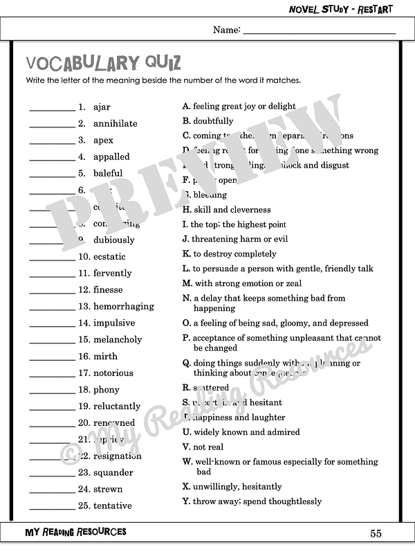 Restart Novel Study - My Reading Resources