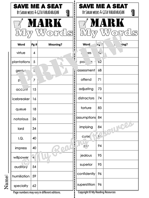 Save Me A Seat Student Worksheet Packet - My Reading Resources