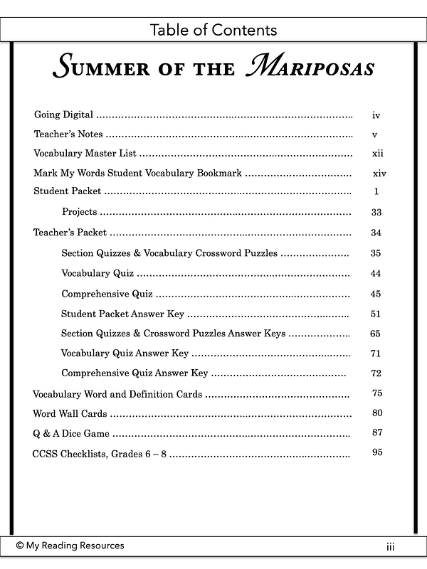 Summer of the Mariposas Novel Study - My Reading Resources