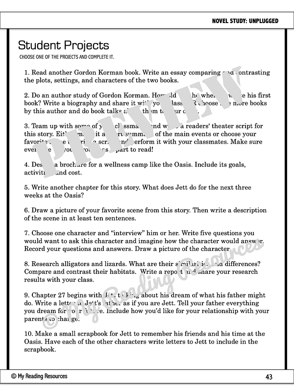 Unplugged Novel Study - My Reading Resources