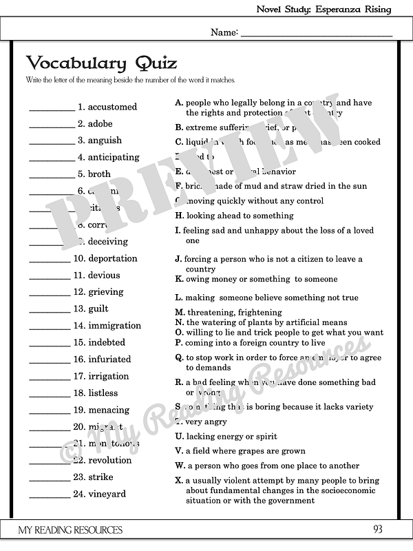 Esperanza Rising Novel Study - My Reading Resources