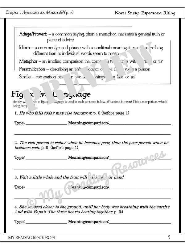 Esperanza Rising Novel Study - My Reading Resources