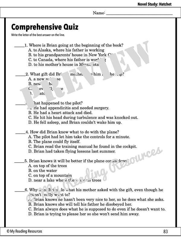 Hatchet Novel Study - My Reading Resources