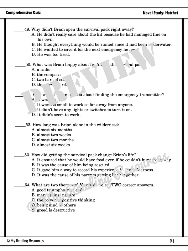 Hatchet Novel Study - My Reading Resources