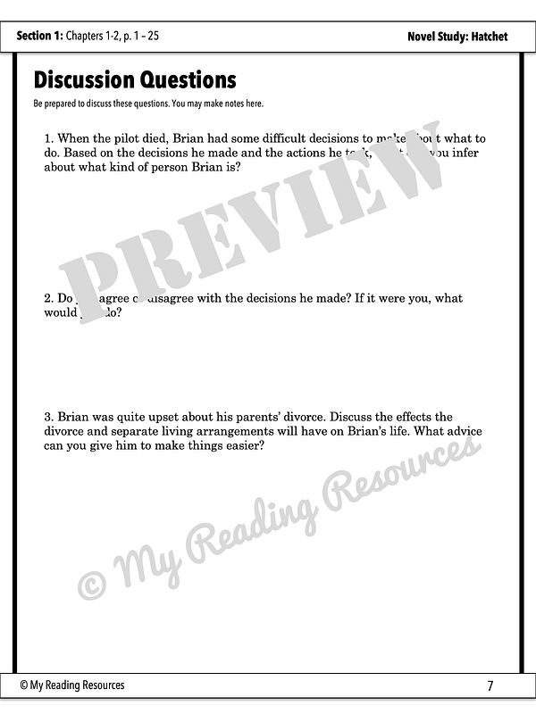 Hatchet Novel Study - My Reading Resources