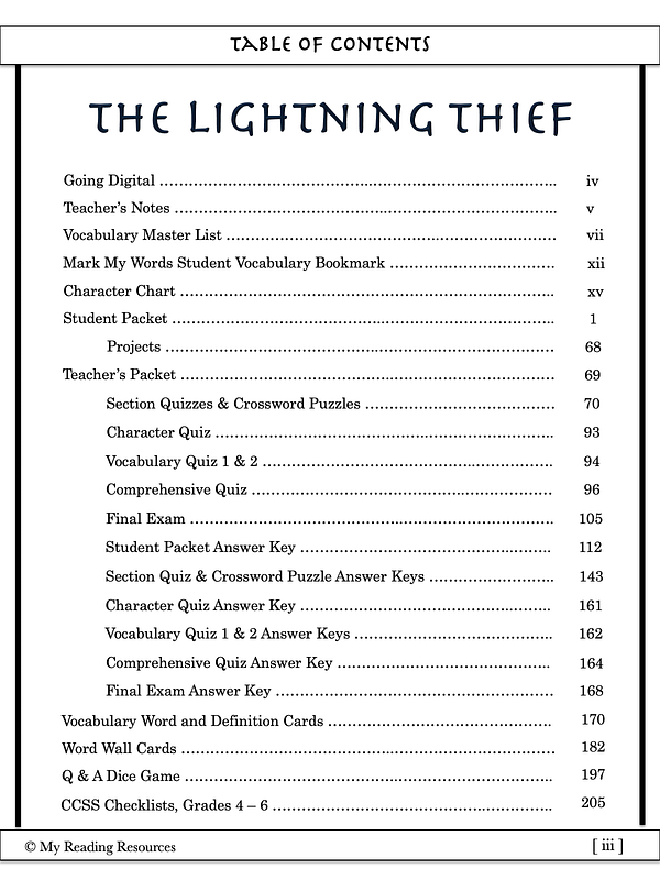 Percy Jackson and the Olympians: The Lightning Thief Novel Study - My ...