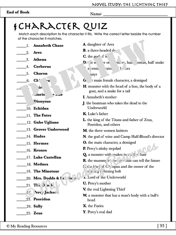 Percy Jackson and the Olympians: The Lightning Thief Novel Study - My ...