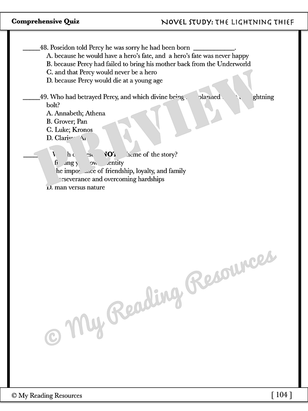 Percy Jackson and the Olympians: The Lightning Thief Novel Study - My ...