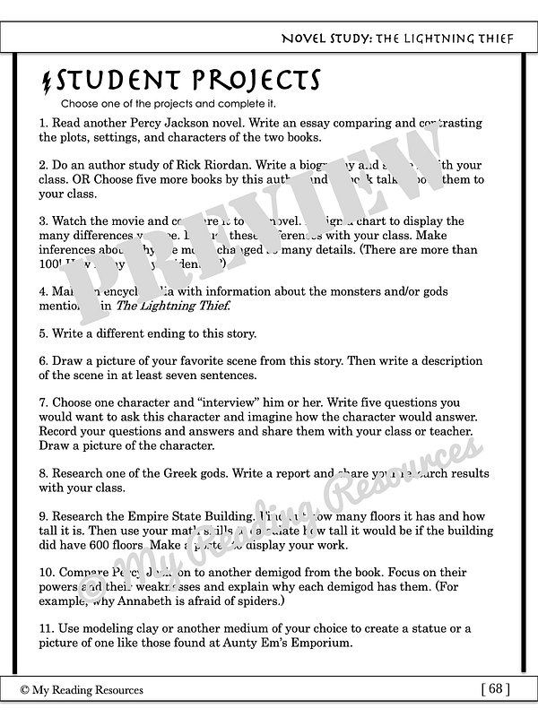 Percy Jackson and the Olympians: The Lightning Thief Novel Study - My ...