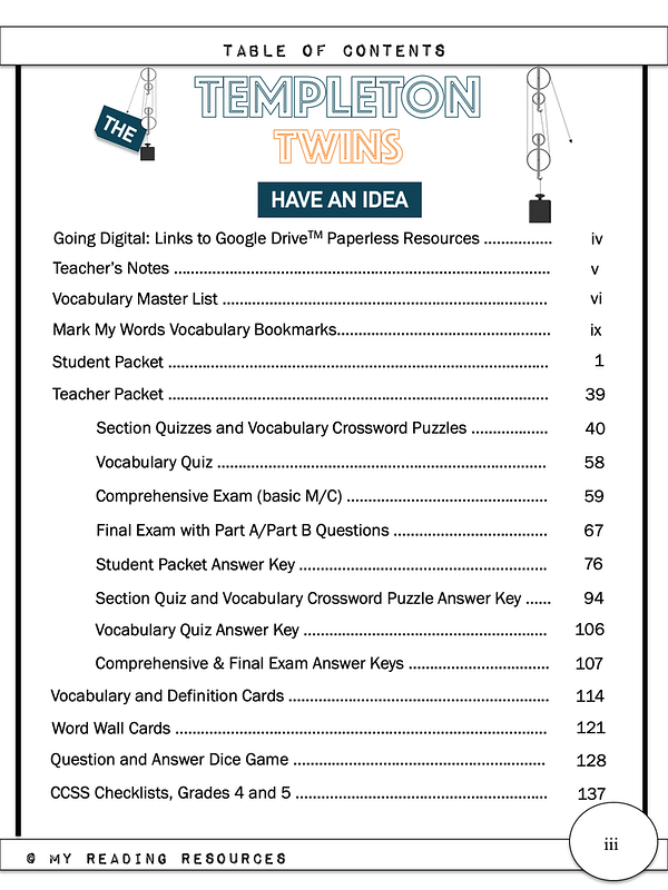 The Templeton Twins Have an Idea Novel Study - My Reading Resources