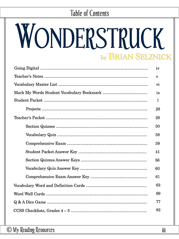 Wonderstruck Novel Study - My Reading Resources