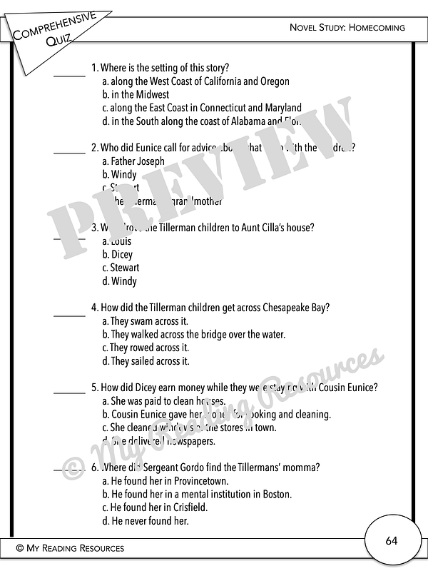 Homecoming Novel Study - My Reading Resources