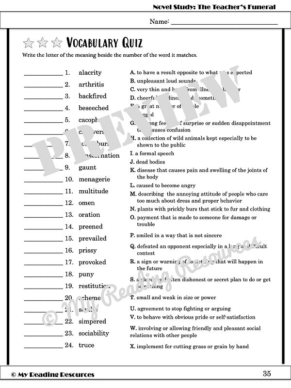 The Teacher's Funeral Novel Study - My Reading Resources