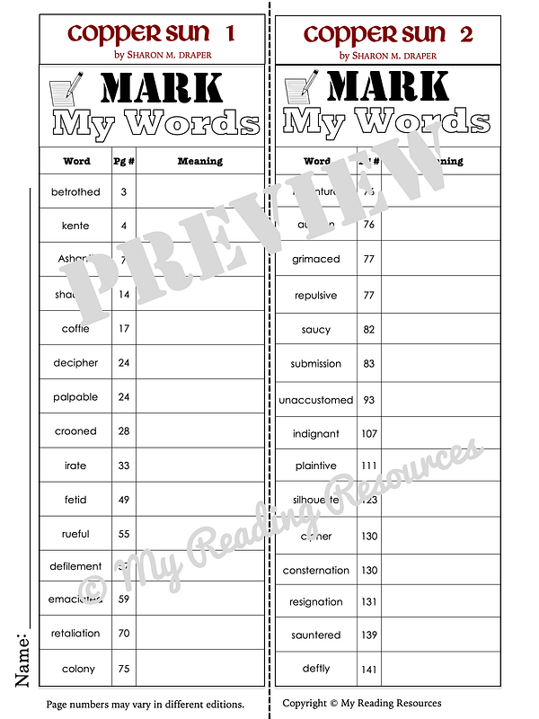 Copper Sun Novel Study - My Reading Resources