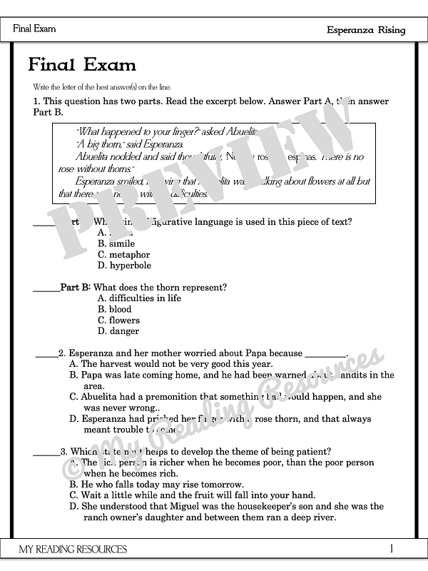 Esperanza Rising Final Exam - My Reading Resources