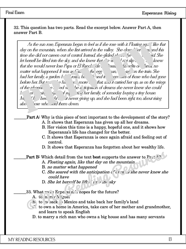 Esperanza Rising Final Exam - My Reading Resources