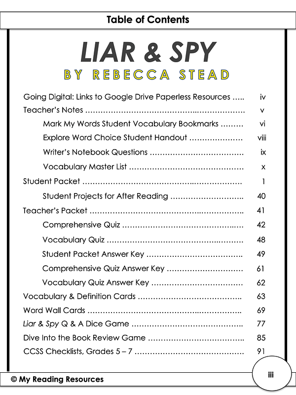 Liar & Spy Novel Study - My Reading Resources