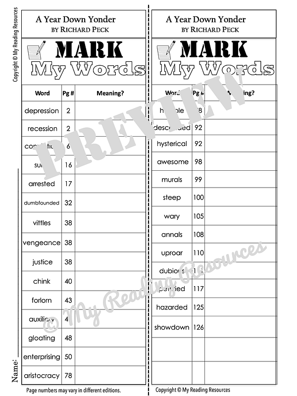 A Year Down Yonder Student Worksheet Packet - My Reading Resources