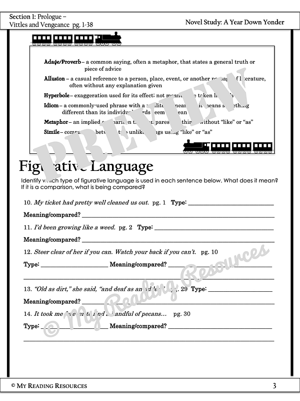A Year Down Yonder Student Worksheet Packet - My Reading Resources