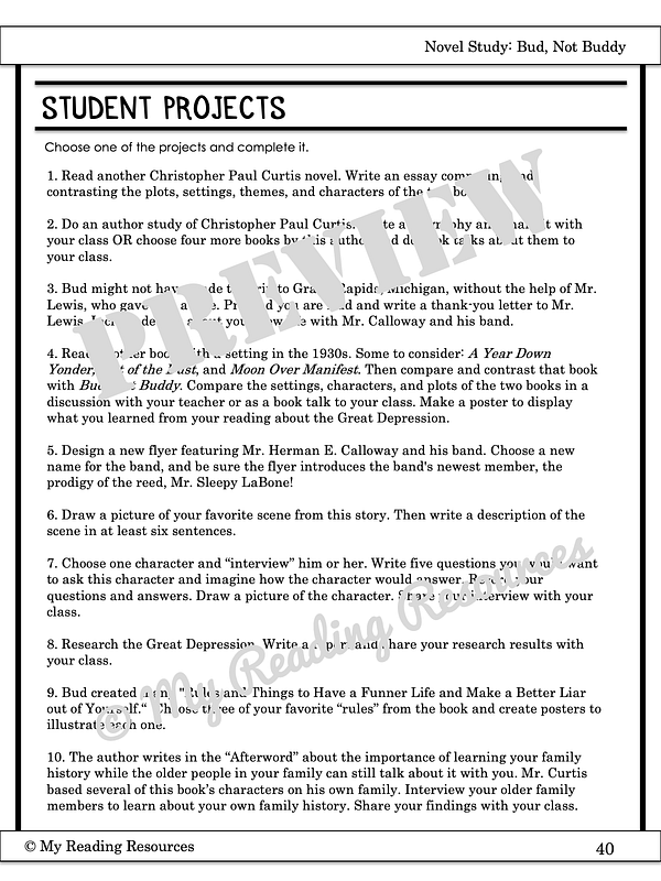 Bud, Not Buddy Novel Study - My Reading Resources