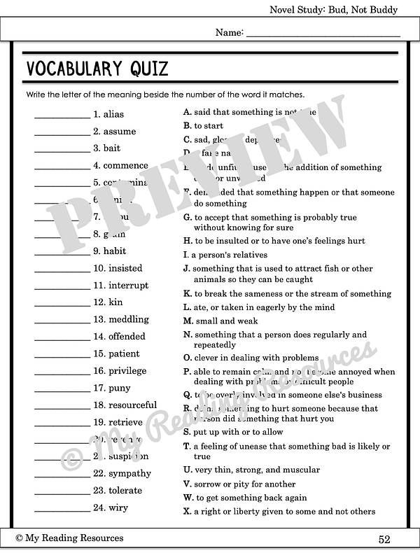 Bud, Not Buddy Novel Study - My Reading Resources