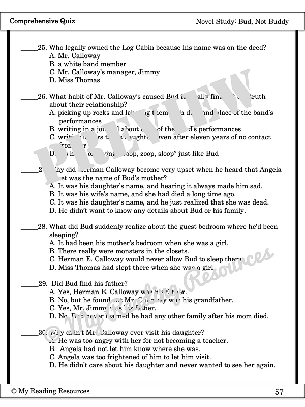 Bud, Not Buddy Comprehensive Quiz - My Reading Resources