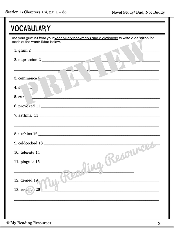 Bud, Not Buddy Novel Study - My Reading Resources