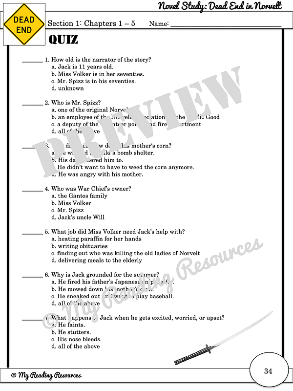 Dead End in Norvelt Section Quizzes & Word Search Puzzles - My Reading ...