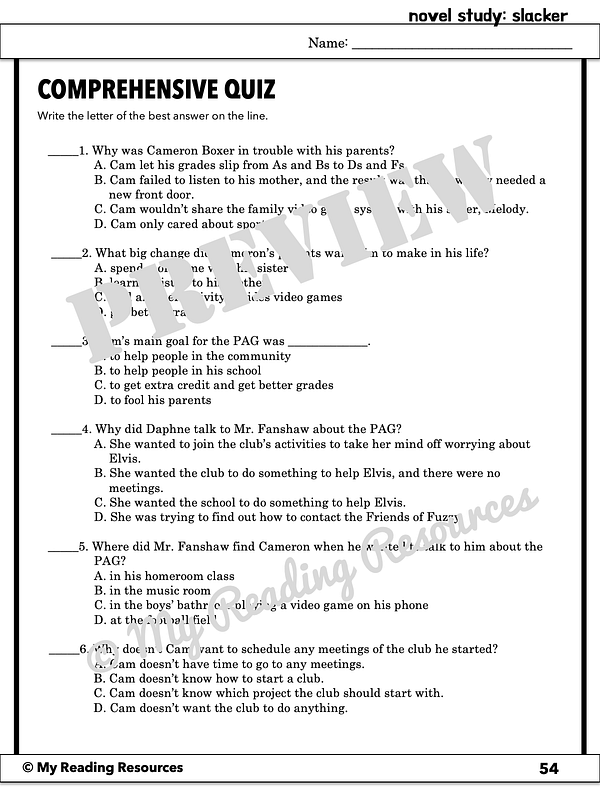 Slacker Novel Study - My Reading Resources