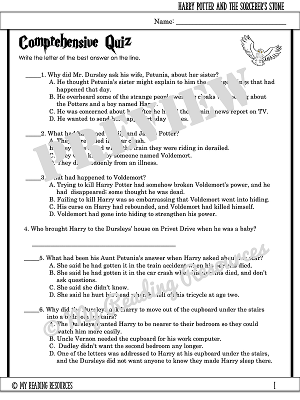 Harry Potter and the Sorcerer's Stone Comprehensive Quiz - My Reading ...