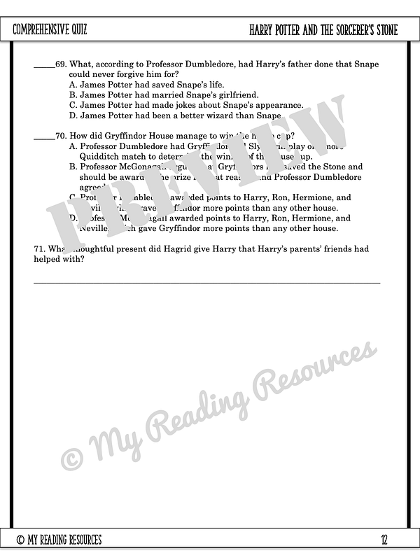 Harry Potter and the Sorcerer's Stone Comprehensive Quiz - My Reading ...