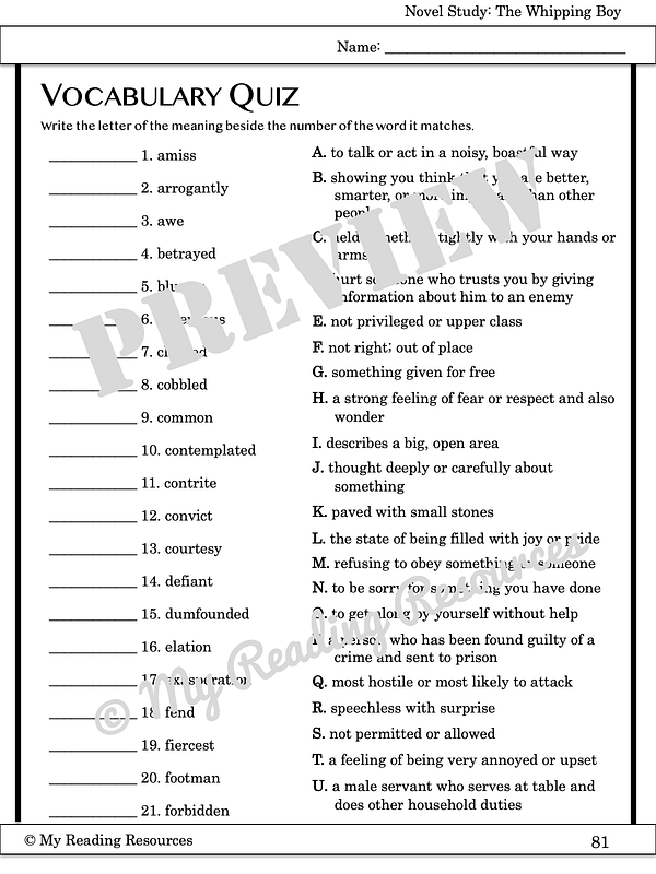 The Whipping Boy Novel Study - My Reading Resources